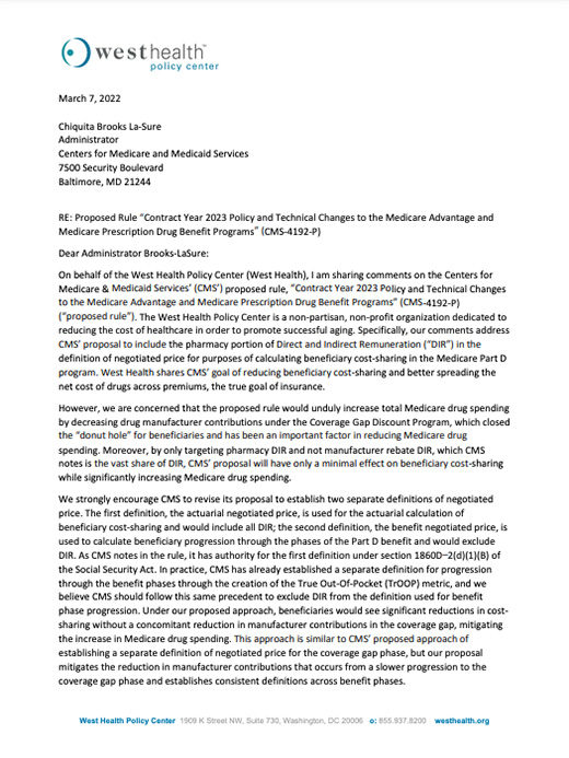 Letter to CMS on 2023 Policy and Technical Changes to the Medicare ...